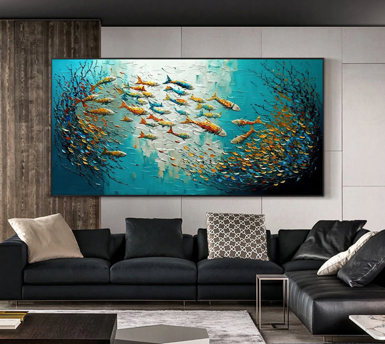 Cuadro Pintado a Mano textura , peces en cardumen – Cuadros Deco