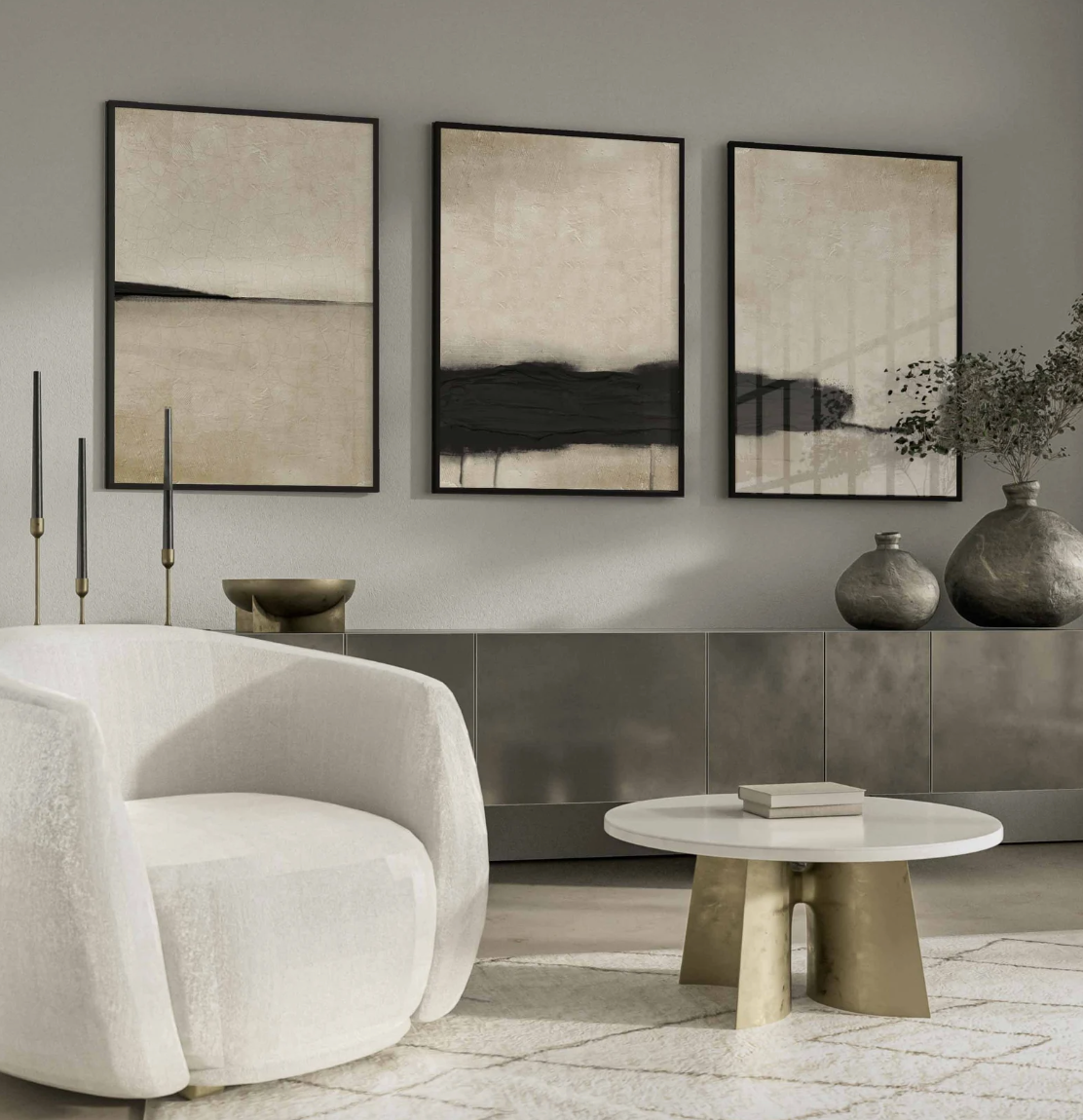 Set 3 Cuadros Abstractos beige negro – Cuadros Deco