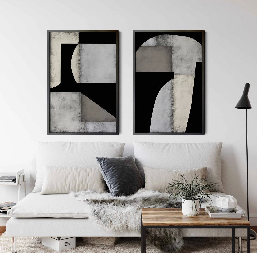 Set 2 Cuadros abstractos blanco y negro , beige – Cuadros Deco